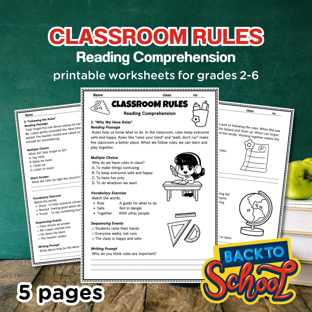 Classroom Rules Reading Comprehension Worksheets for Grades 2–6, Back ...