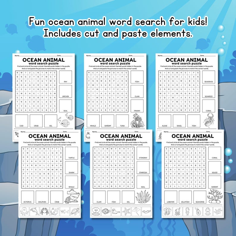 Ocean Animal Word Search Puzzle for Kids, Cut and Paste Activity ...