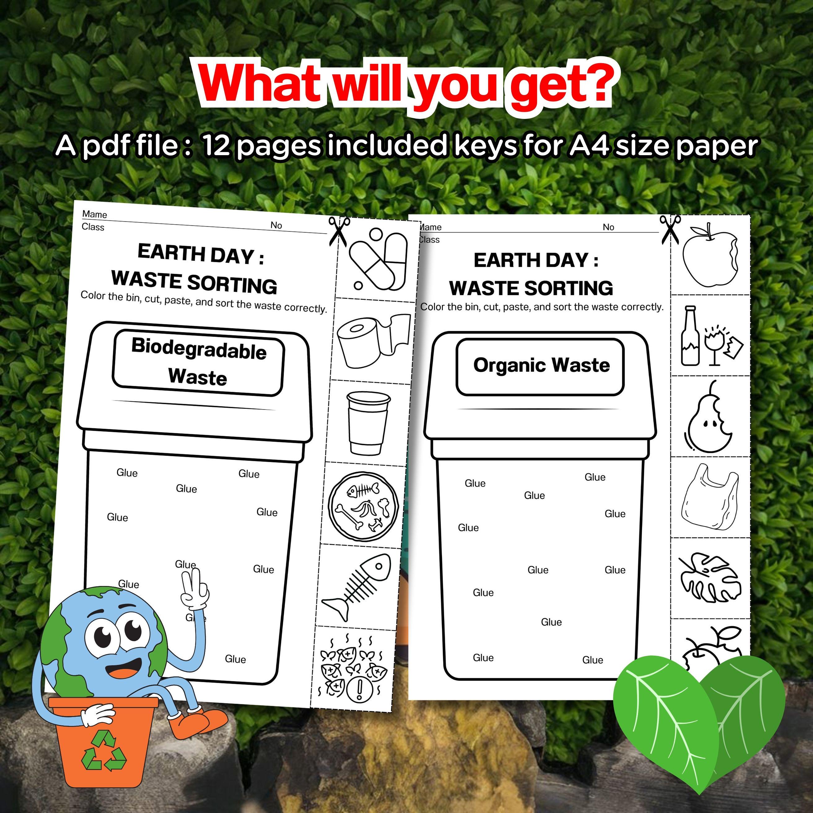 Earth Day Waste Sorting, Cut and Paste Worksheet for Kindergarten ...