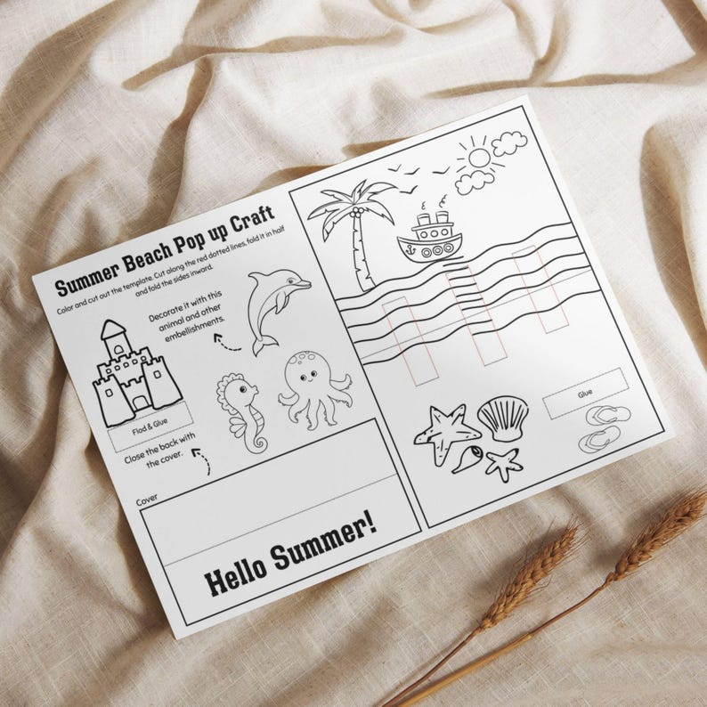 Summer Beach Pop-up Craft for Kids, Summer Coloring Activity, Beach ...