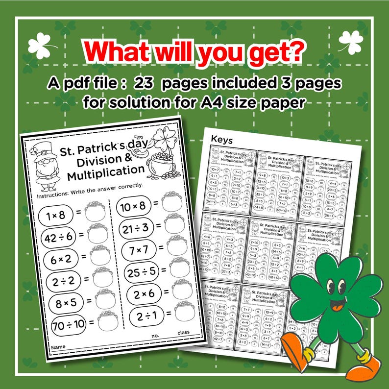 St. Patrick’s Day Division & Multiplication Worksheets for Grade 1st to ...