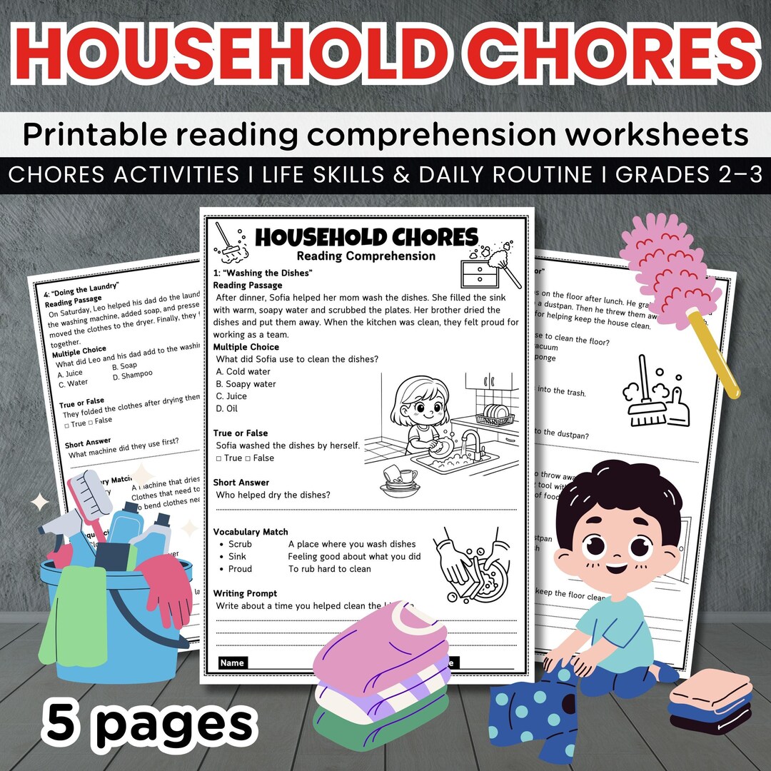 Household Chores Reading Comprehension Worksheets: Grades 2-3 (PDF ...