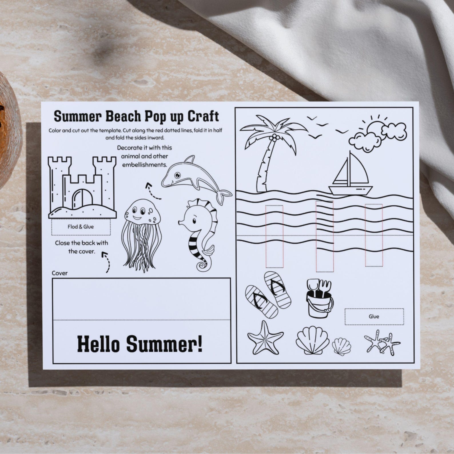 Summer Beach Pop-up Craft for Kids, Summer Coloring Activity, Beach ...