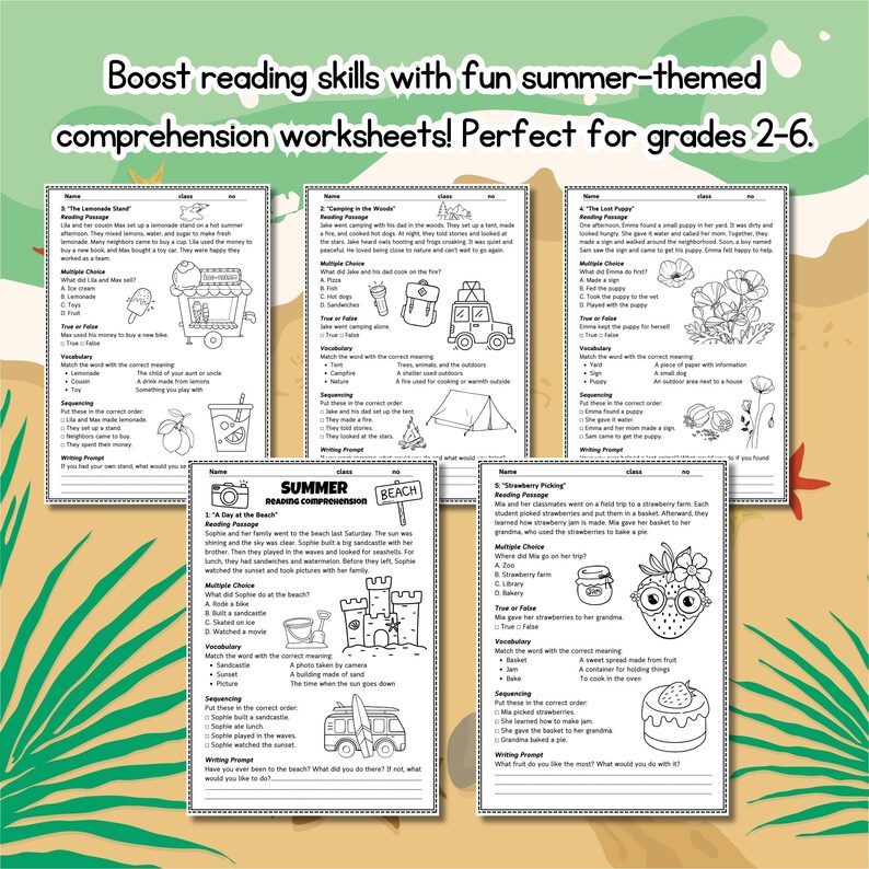 Summer Reading Comprehension Worksheet for Grades 2-6, Summer Actibity ...