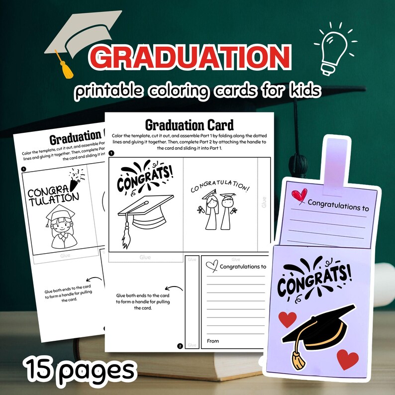 Graduation Card, Coloring Craft Template for Kids, End of Year Activity ...