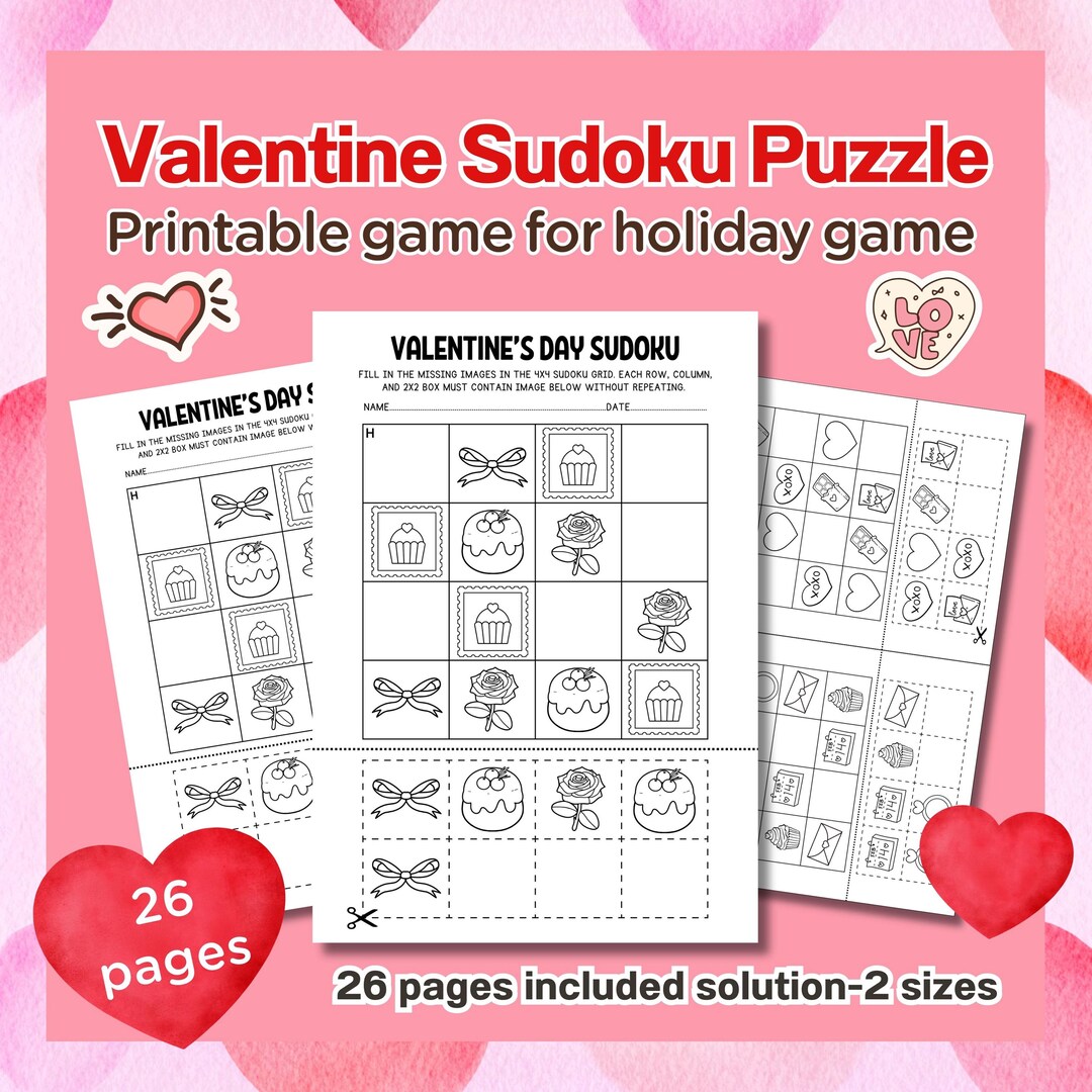 Valentine's Day Sudoku Puzzle for Kids, Valentine's Day Game,printable ...