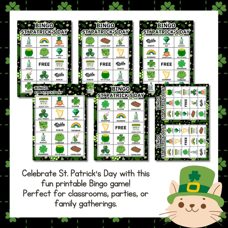 St.patrick's Day Bingo Cards, Printable Bingo Game, Board Game, Fun ...