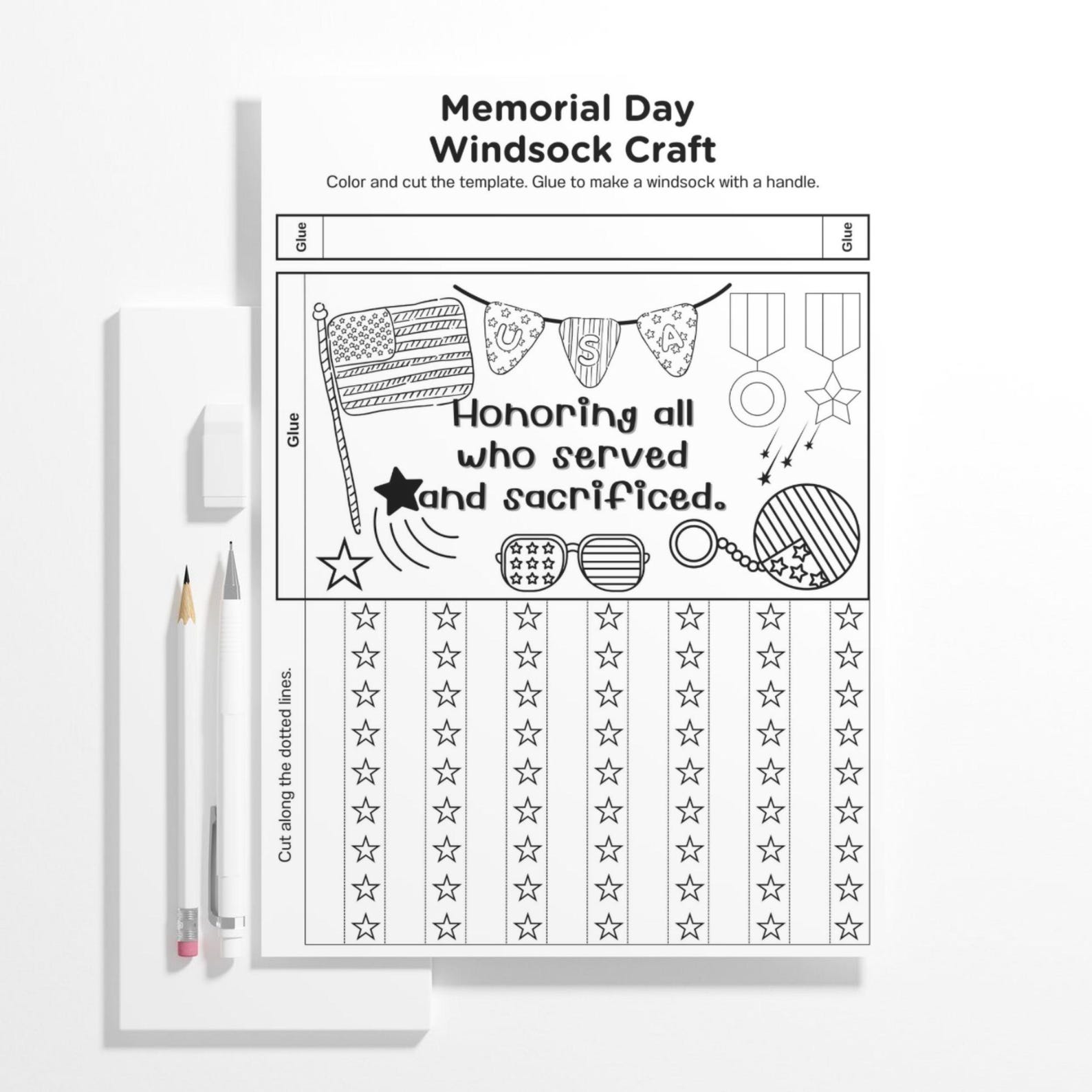 Memorial Day Windsock Craft for Kids, Coloring Craft Template ...