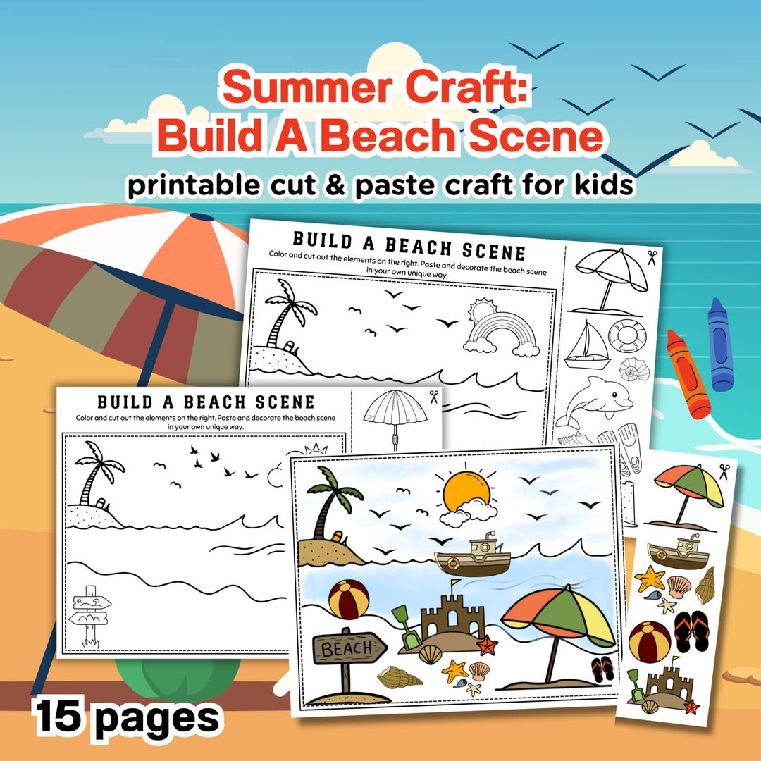 Build a Beach Scene Cut and Paste Craft for Kids, Summer Coloring ...