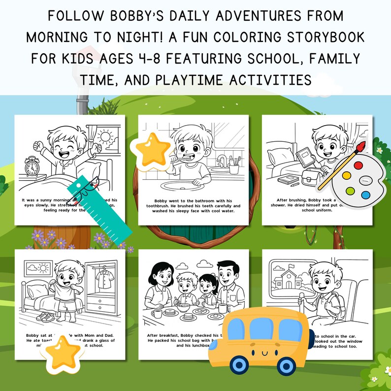 Kids' Daily Routine Coloring Storybook: School & Play (PDF Printable ...