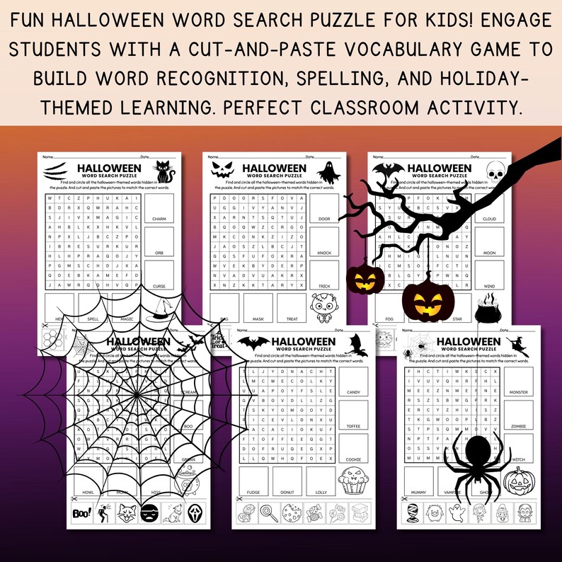 Halloween Word Search Puzzle: Cut & Paste Vocabulary Game (PDF ...