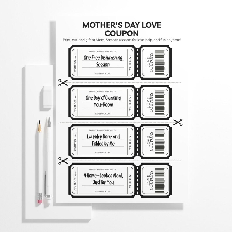 Mother’s Day Love Coupons, Printable Coloring Craft for Kids, Coupon ...