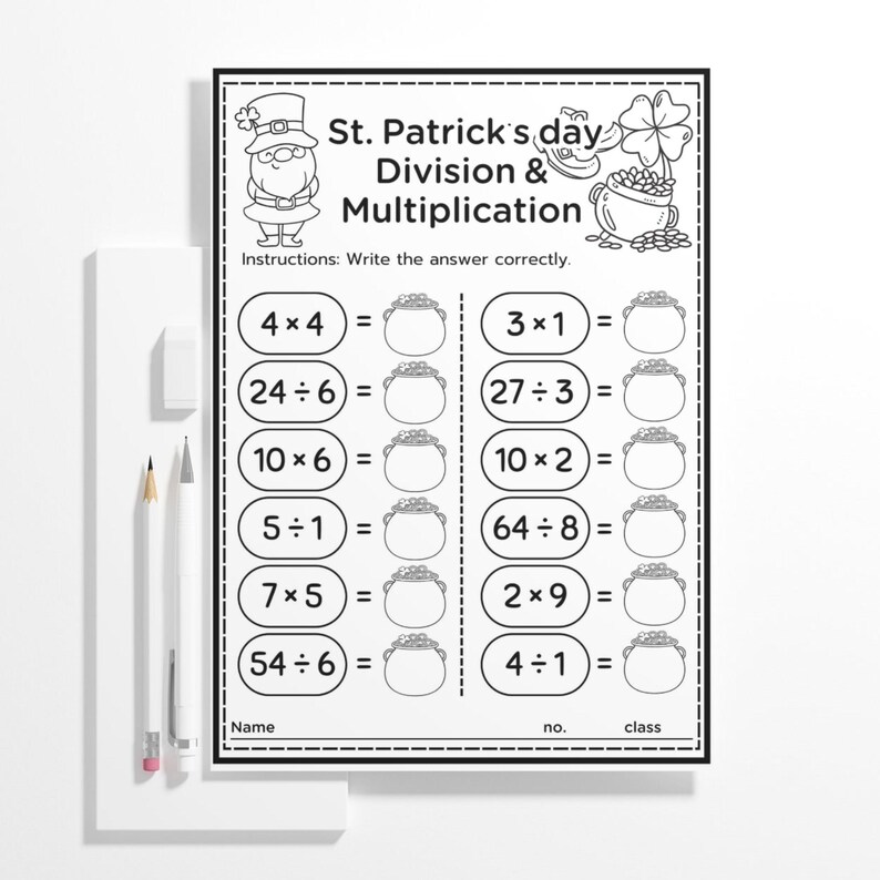 St. Patrick’s Day Division & Multiplication Worksheets for Grade 1st to ...