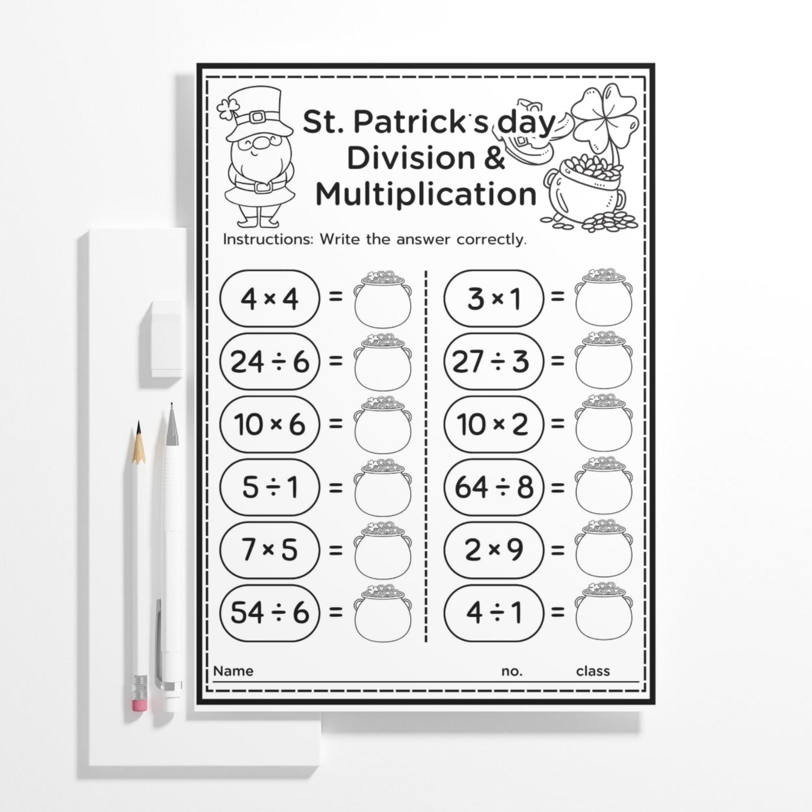 St. Patrick’s Day Division & Multiplication Worksheets for Grade 1st to ...