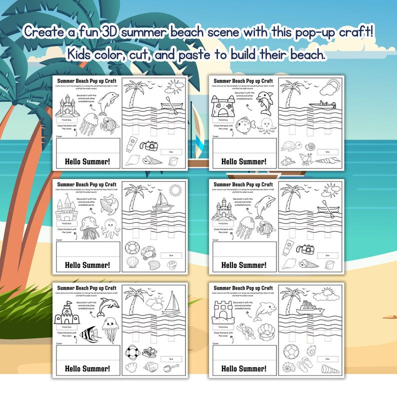 Summer Beach Pop-up Craft for Kids, Summer Coloring Activity, Beach ...