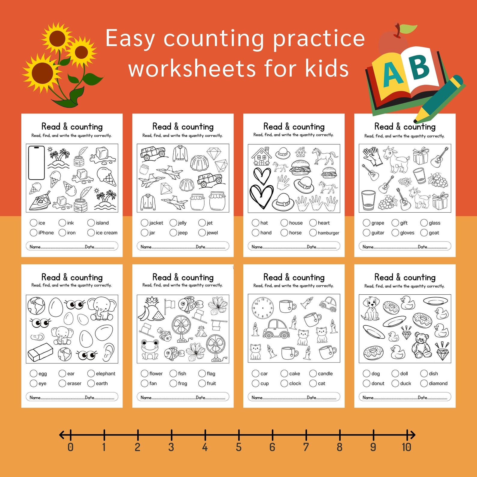 Counting Worksheets: Early Math & English Vocabulary (PDF) - Etsy