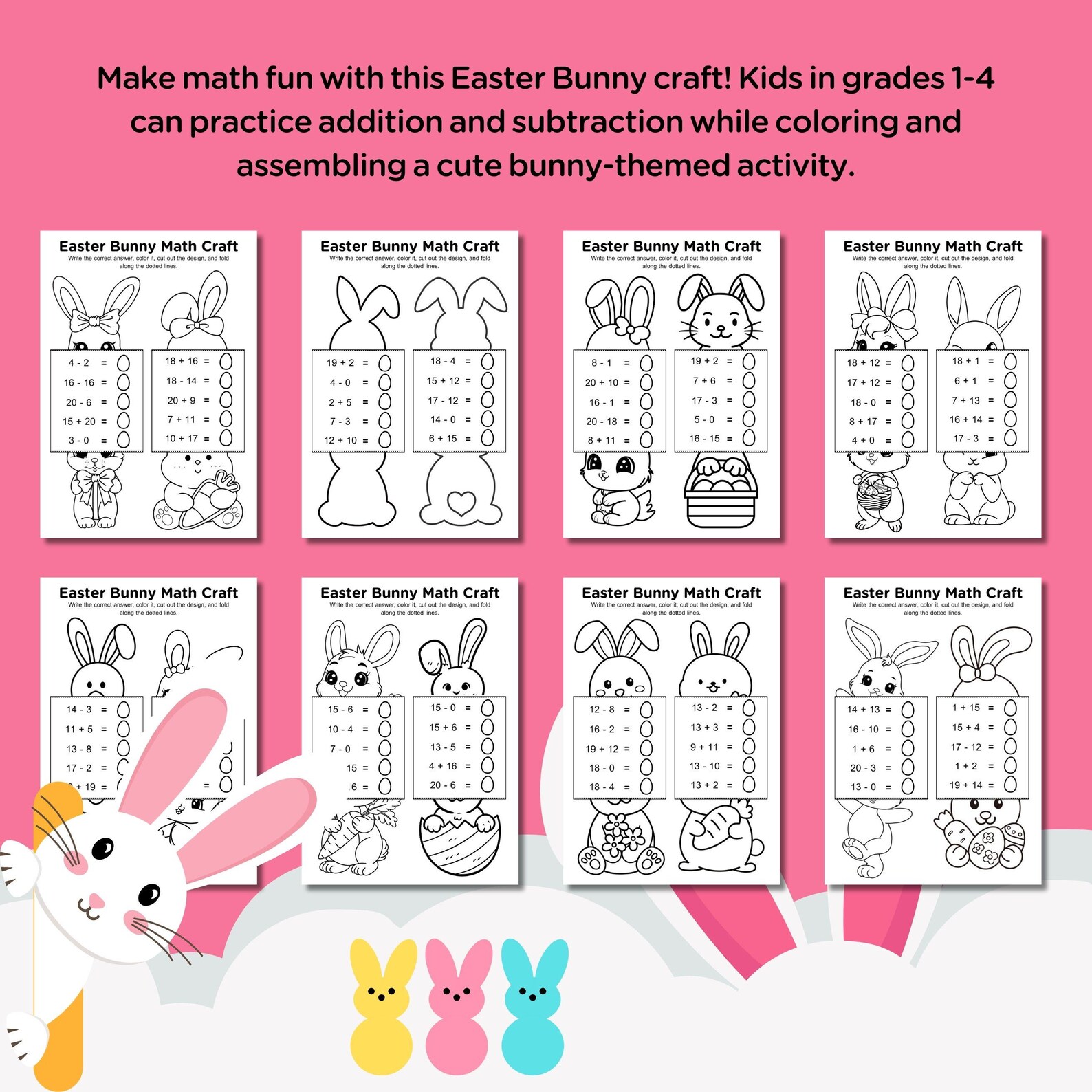 Easter Bunny Math Craft, Addition & Subtraction Worksheets for 1st-3th ...