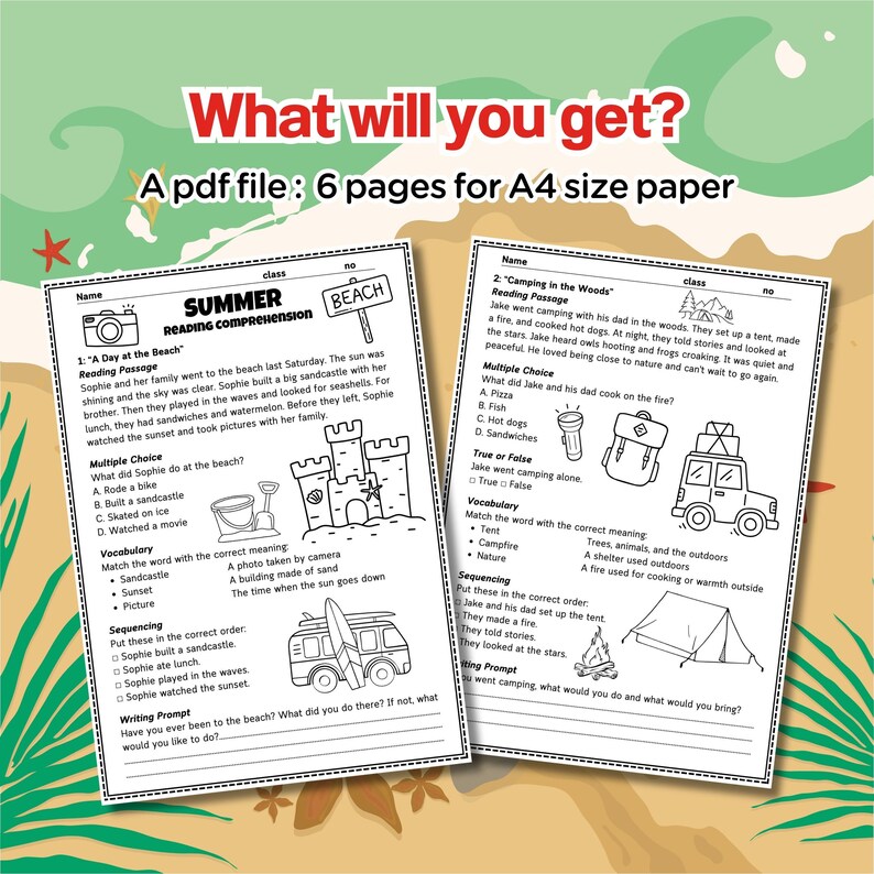 Summer Reading Comprehension Worksheet for Grades 2-6, Summer Actibity ...