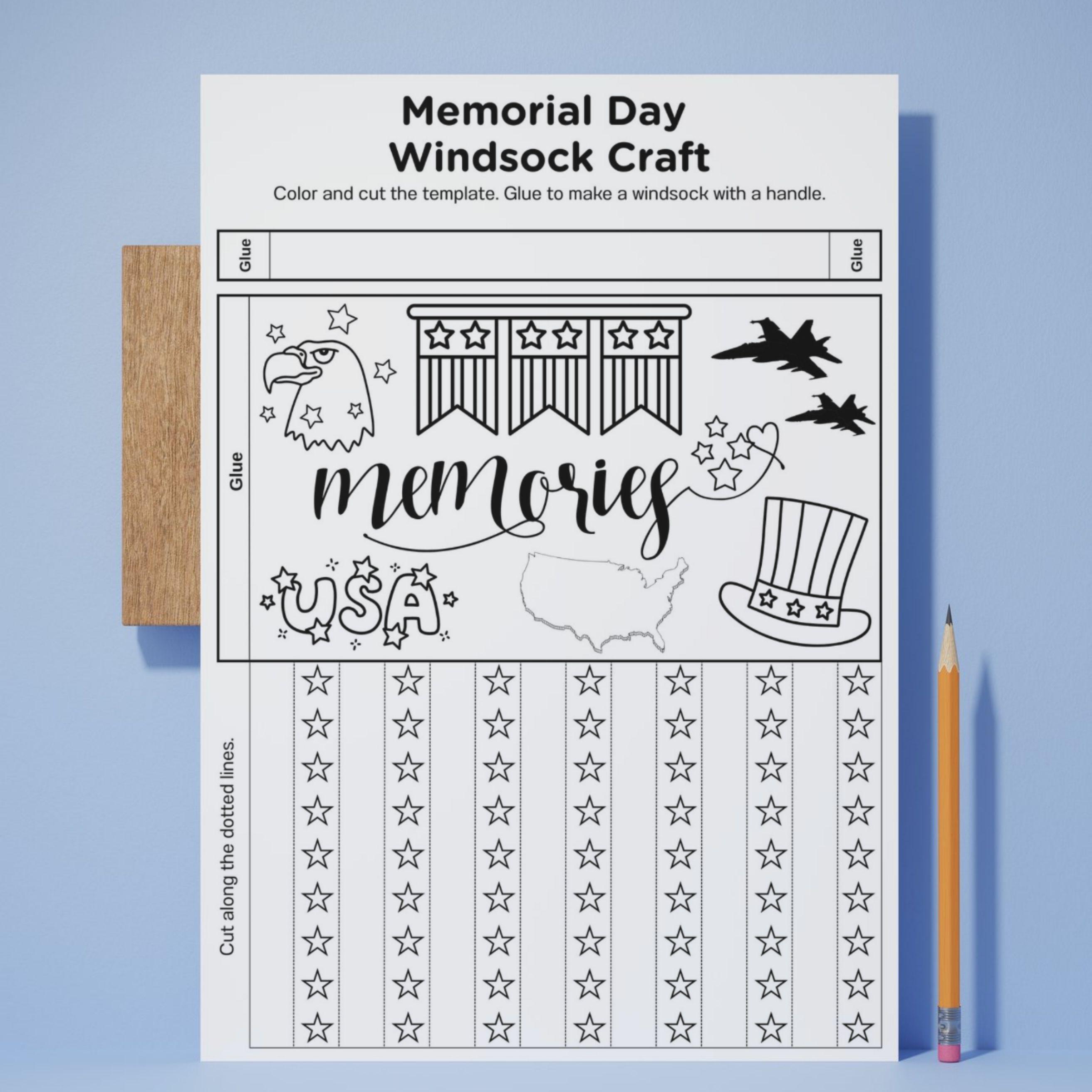 Memorial Day Windsock Craft for Kids, Coloring Craft Template ...
