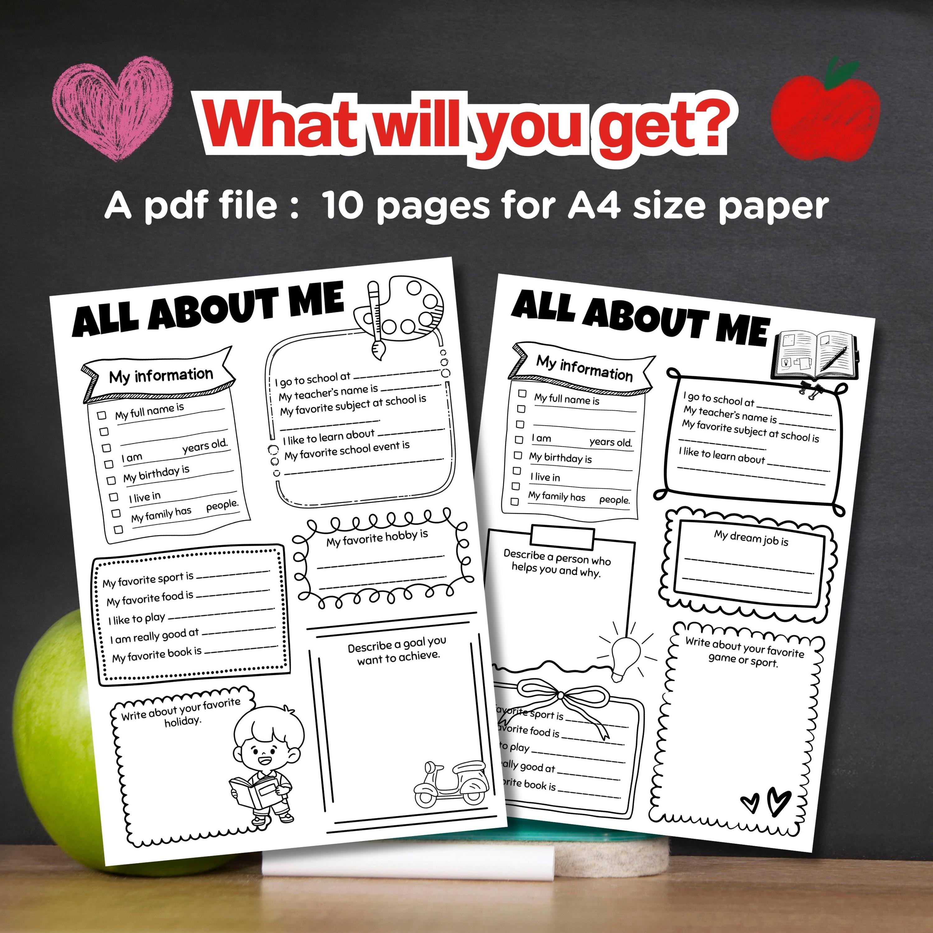 All About Me Writing Worksheets for Grades 2-6, Back to School Activity ...