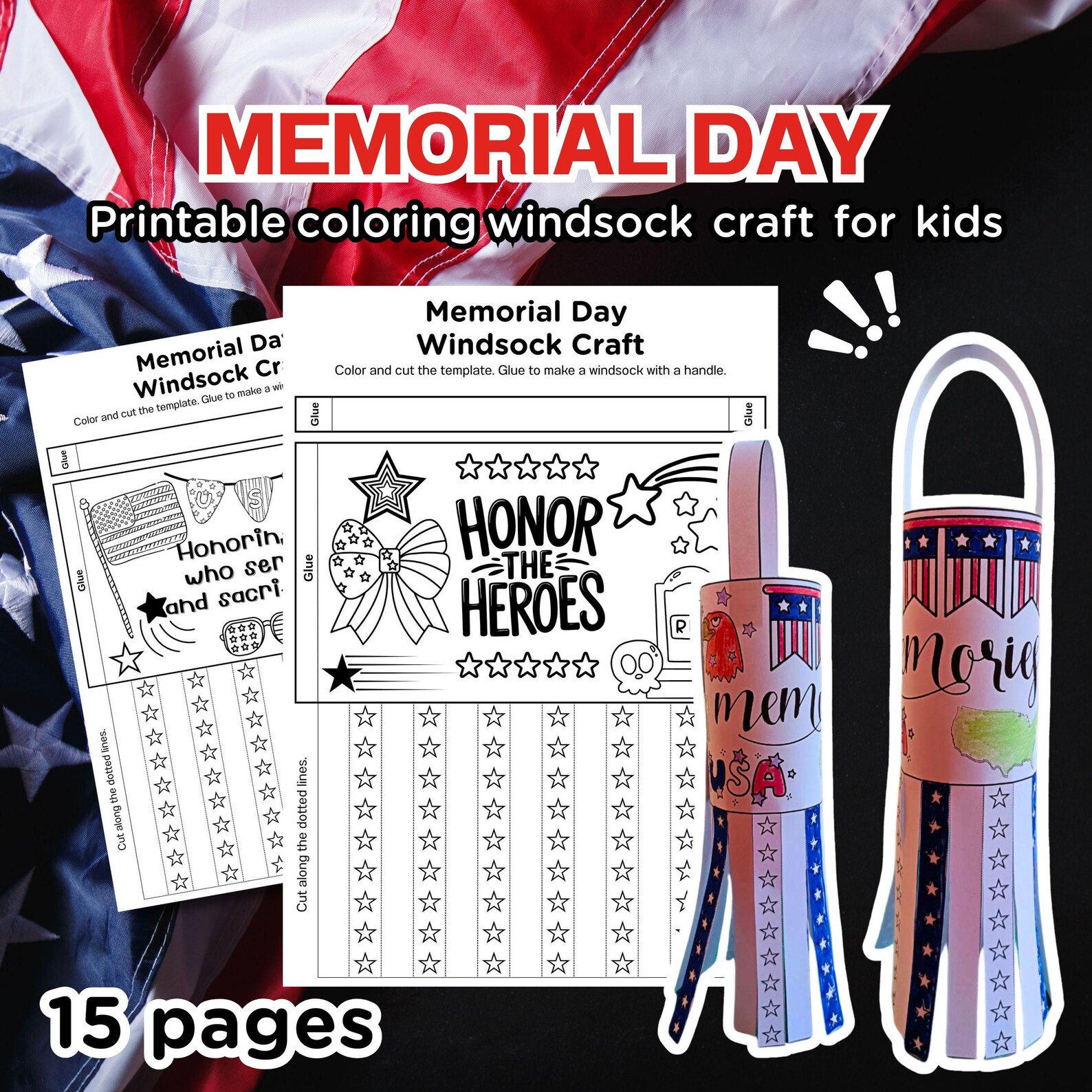 Memorial Day Windsock Craft for Kids, Coloring Craft Template ...