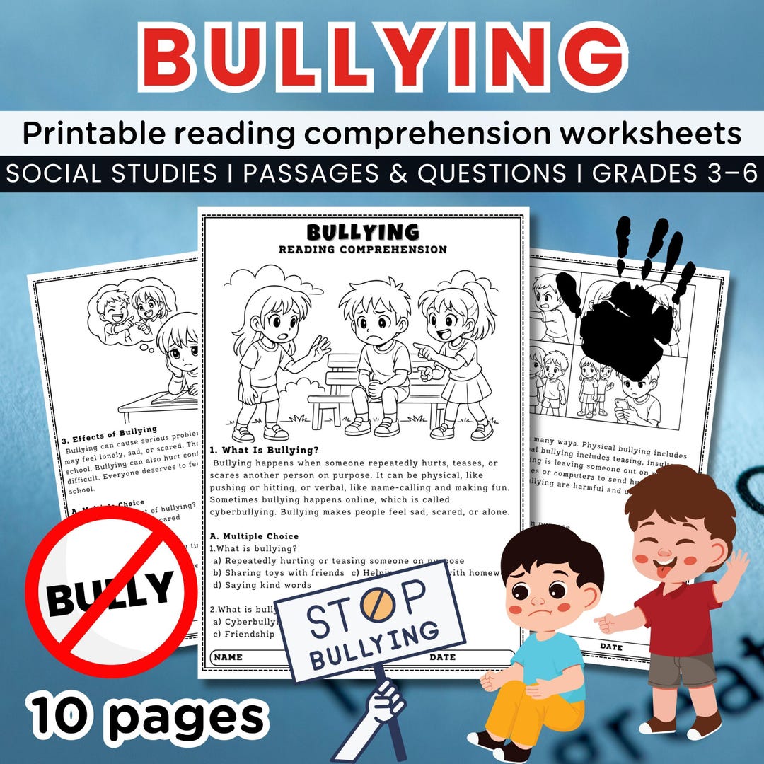 Bullying Reading Comprehension Worksheets: Grades 3-6 SEL Activity (PDF ...