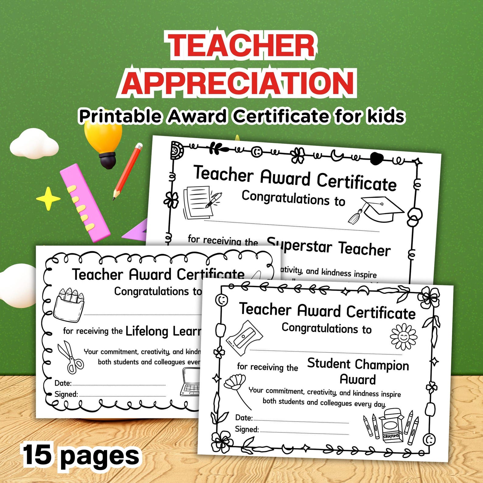 Teacher Appreciation Award Certificate for Kids, Printable Template ...