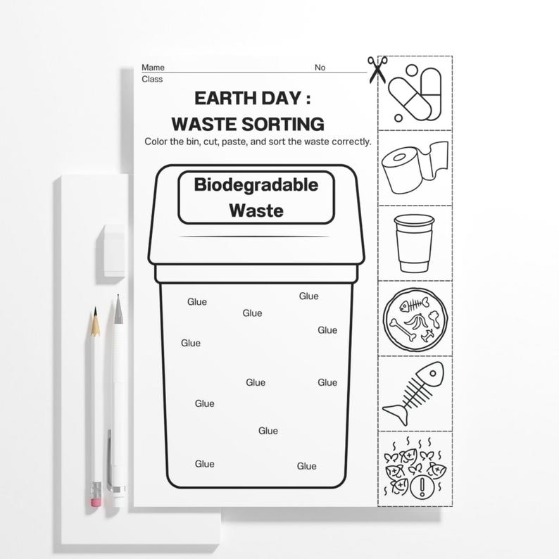 Earth Day Waste Sorting, Cut and Paste Worksheet for Kindergarten ...