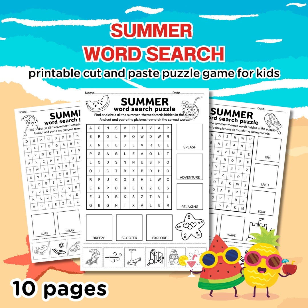 Summer Word Search Puzzle for Kids, Cut and Paste Activity, Printable ...