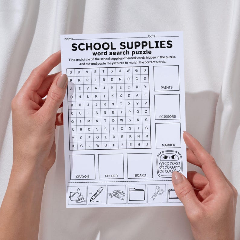Sopa de letras de útiles escolares para niños, actividad para la vuelta ...
