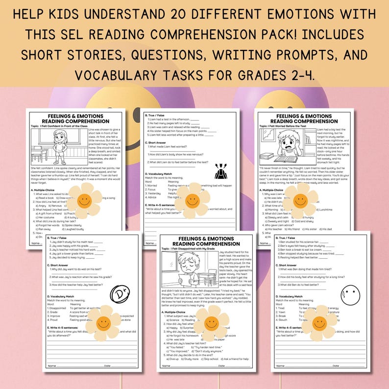 Emotions Reading Comprehension Worksheets: SEL Stories & Creative ...