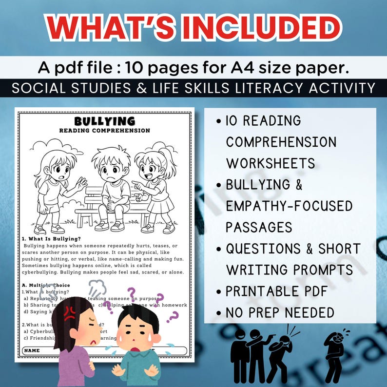 Bullying Reading Comprehension Worksheets: Grades 3-6 SEL Activity (PDF ...