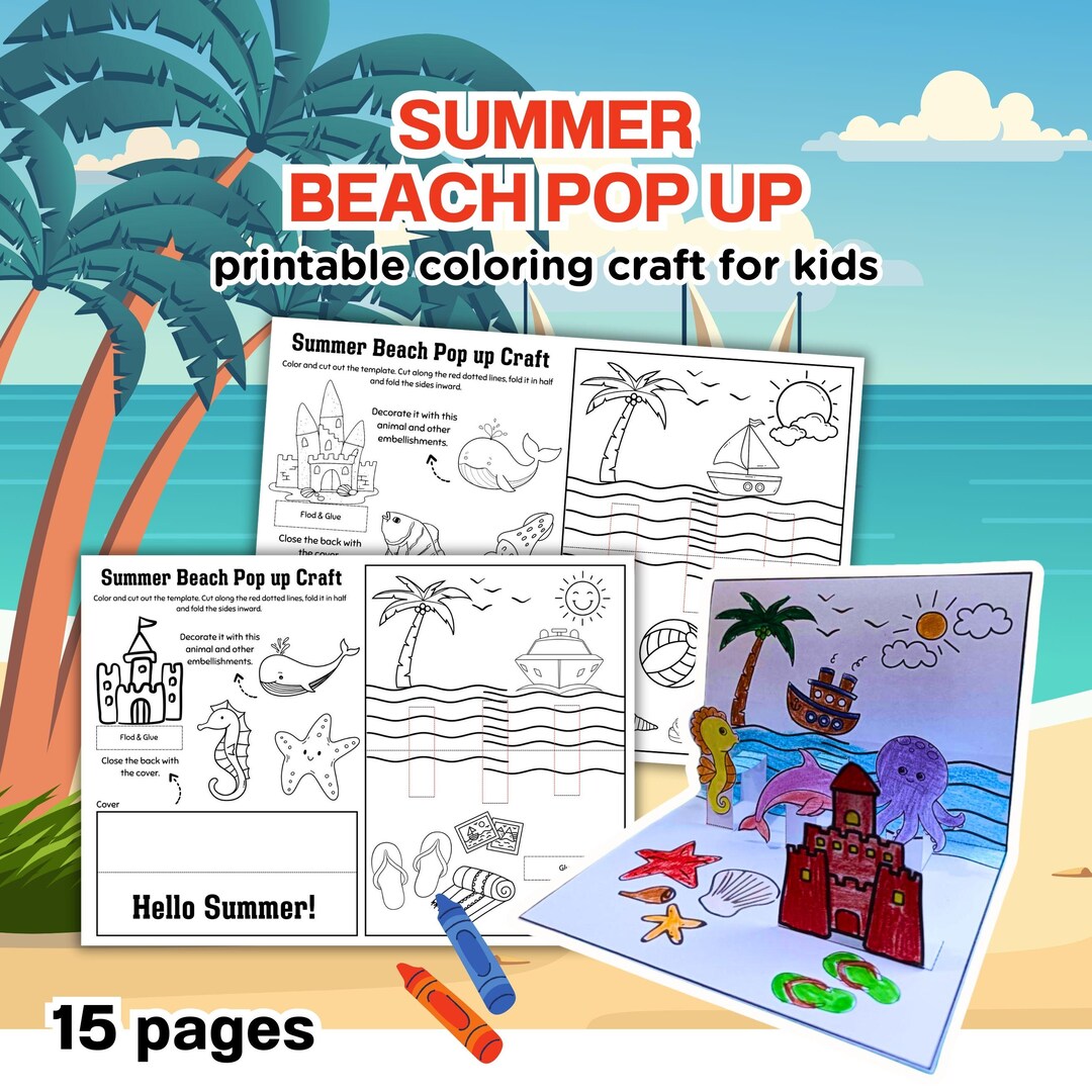 Summer Beach Pop-up Craft for Kids, Summer Coloring Activity, Beach ...