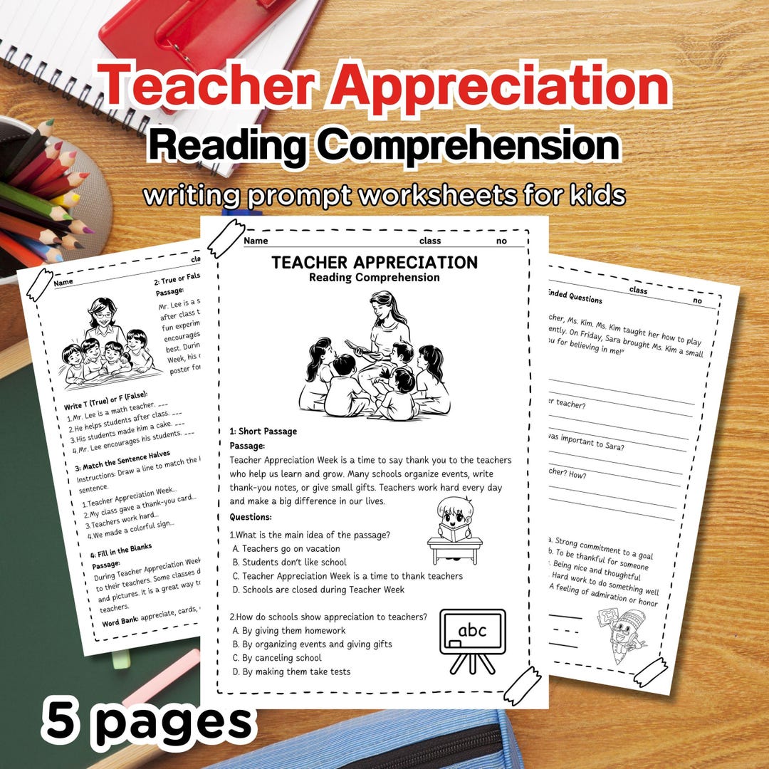 Teacher Appreciation Reading Comprehension Worksheet for 3rd-5th Grade ...