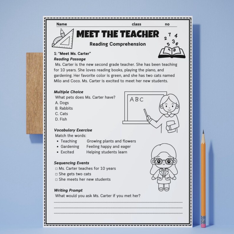 Meet the Teacher Reading Comprehension Worksheets: Grades 2-6 (PDF ...