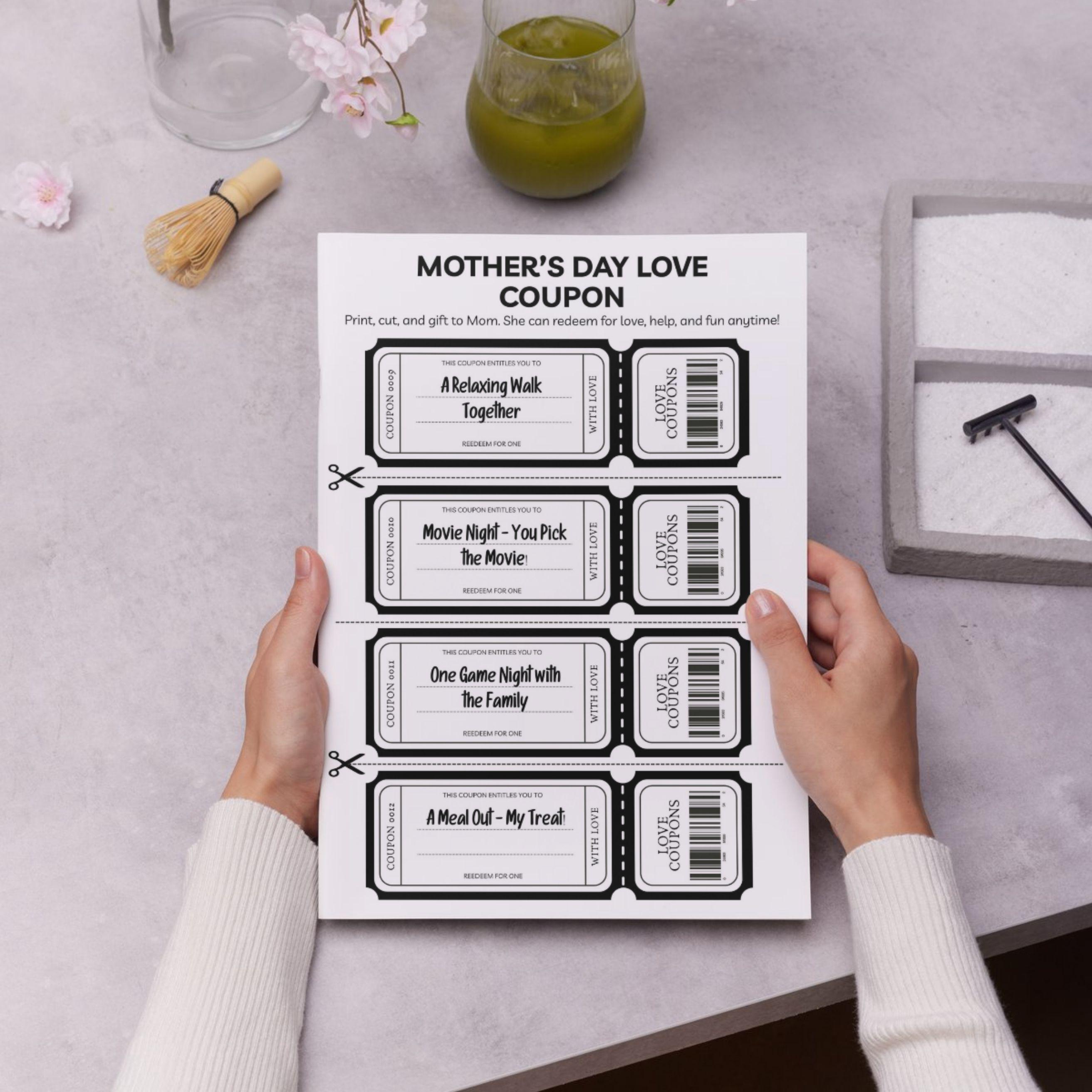 Mother’s Day Love Coupons, Printable Coloring Craft for Kids, Coupon ...