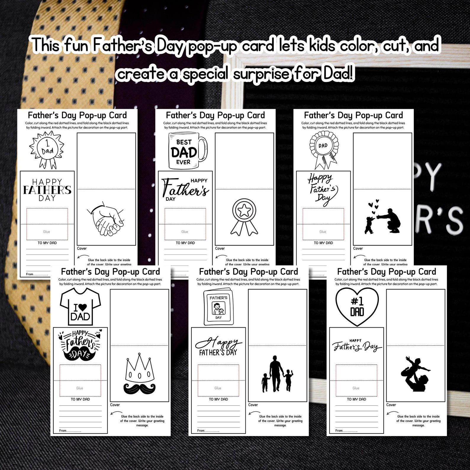 Father's Day Pop-up Card, Coloring Craft Template for Kids, Father's ...