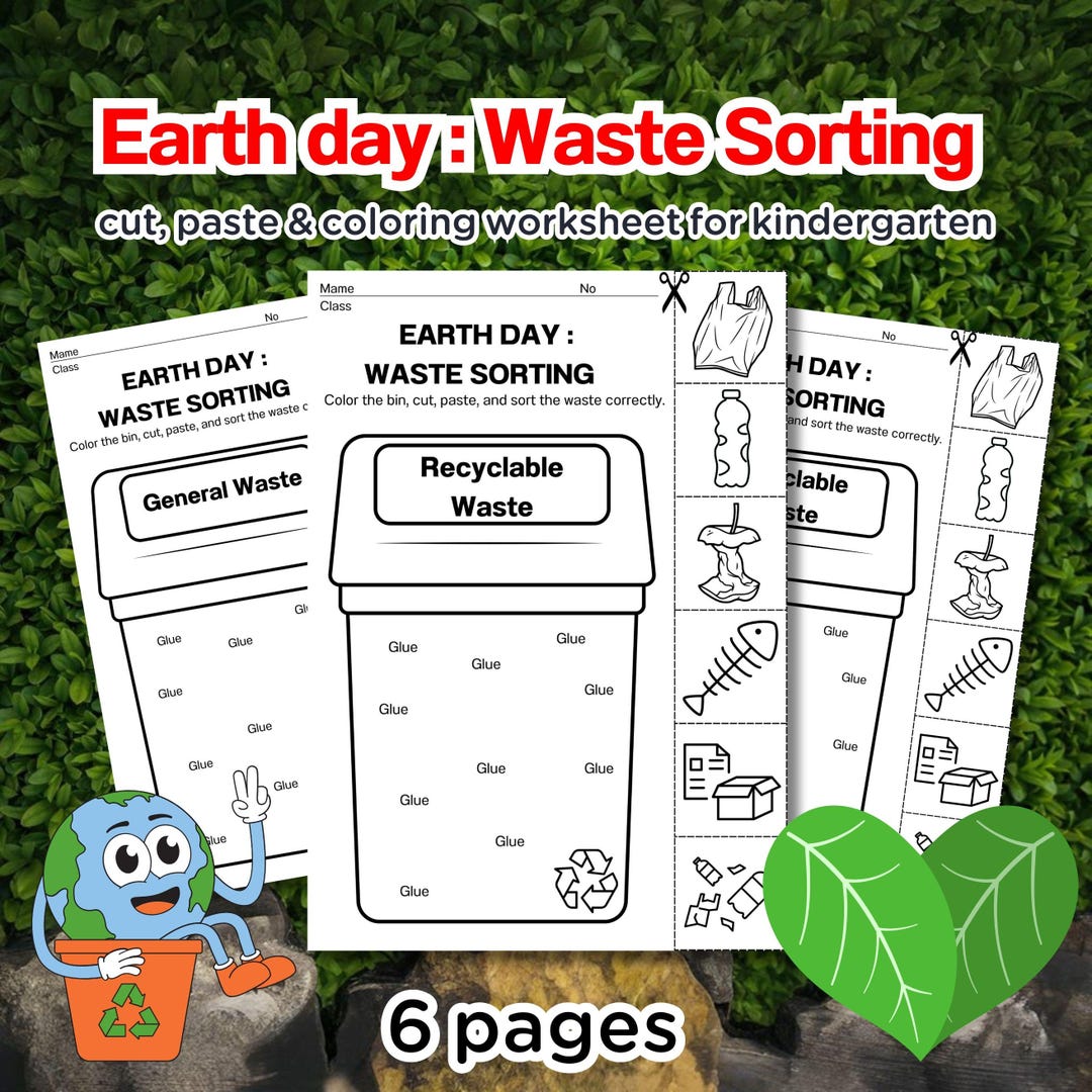 Earth Day Waste Sorting, Cut and Paste Worksheet for Kindergarten ...