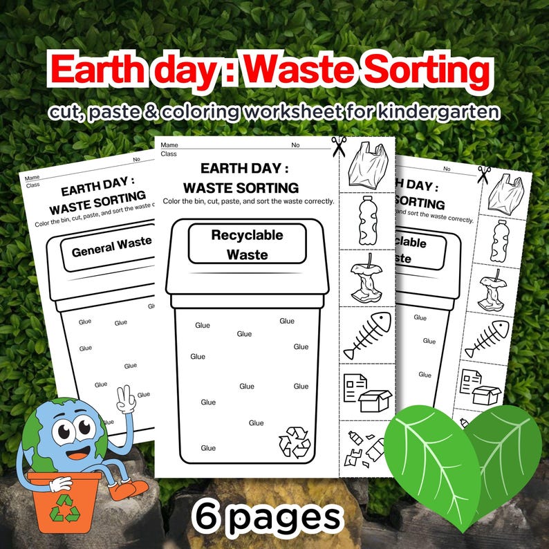 Earth Day Waste Sorting, Cut and Paste Worksheet for Kindergarten ...