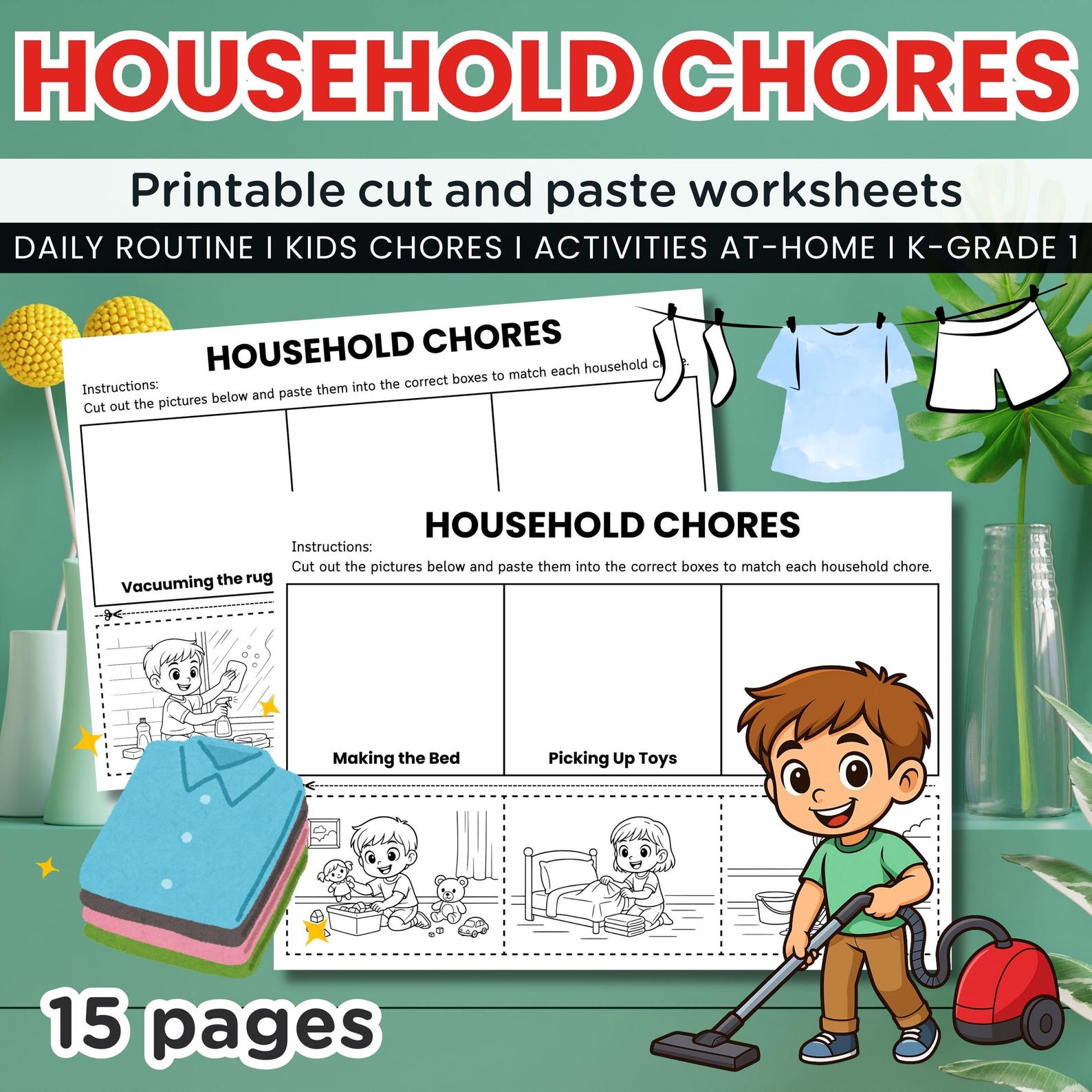 Household Chores Cut and Paste Activity, Match Pictures With Chores ...
