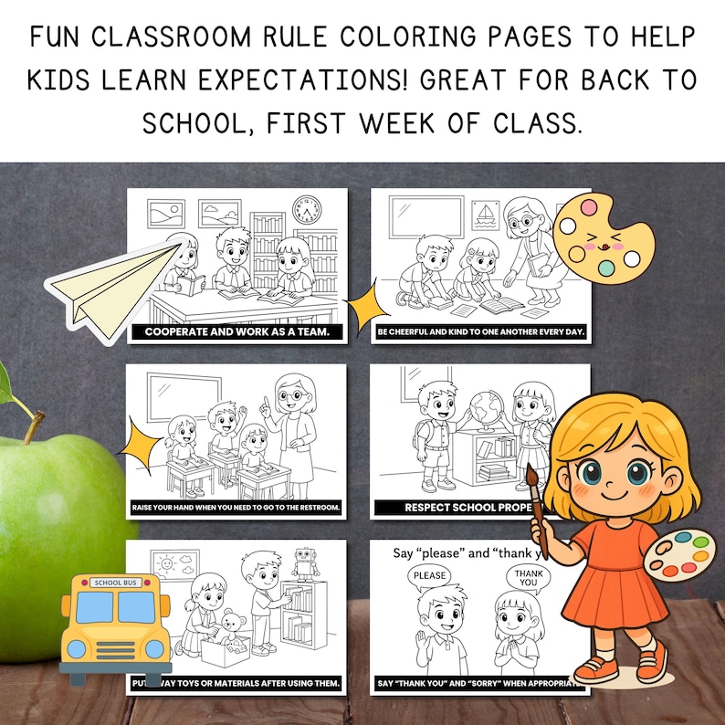 Classroom Rule Coloring Pages for Kids, Back to School Activity, First ...
