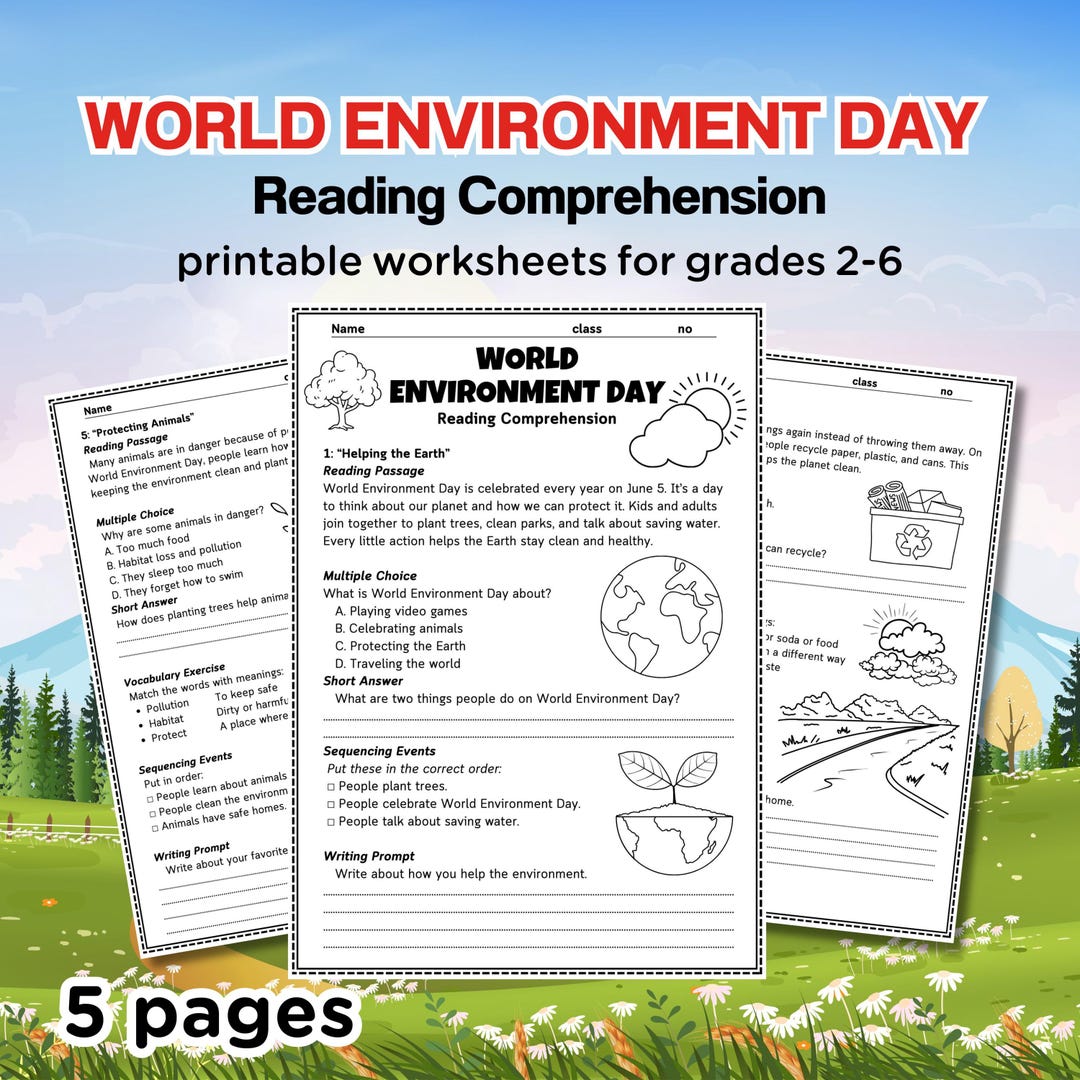 World Environment Day Reading Comprehension Worksheets for Grades 2-6 ...