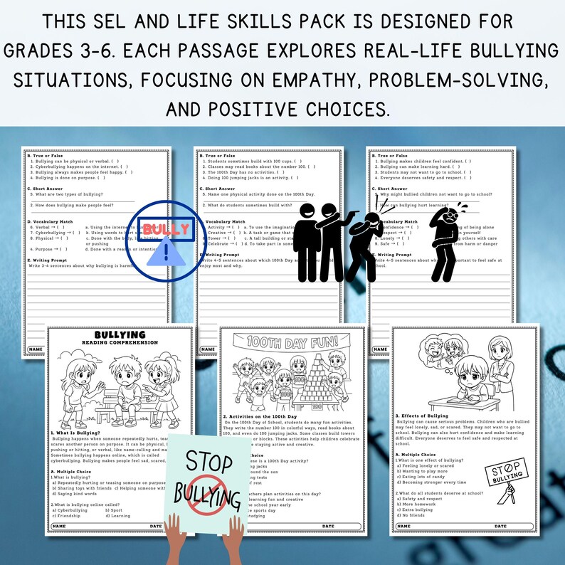 Bullying Reading Comprehension Worksheets: Grades 3-6 SEL Activity (PDF ...