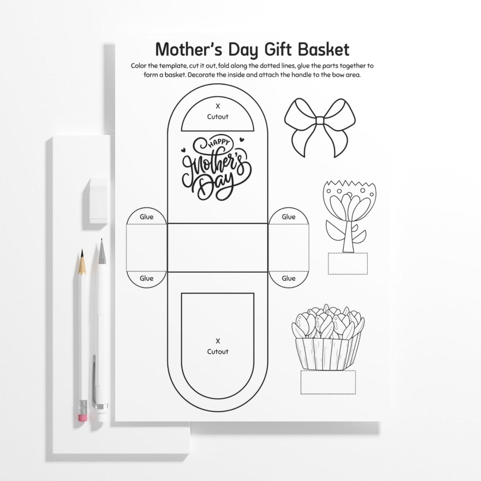 Mother’s Day Gift Basket Craft for Kids, Bag Craft, Printable Coloring ...