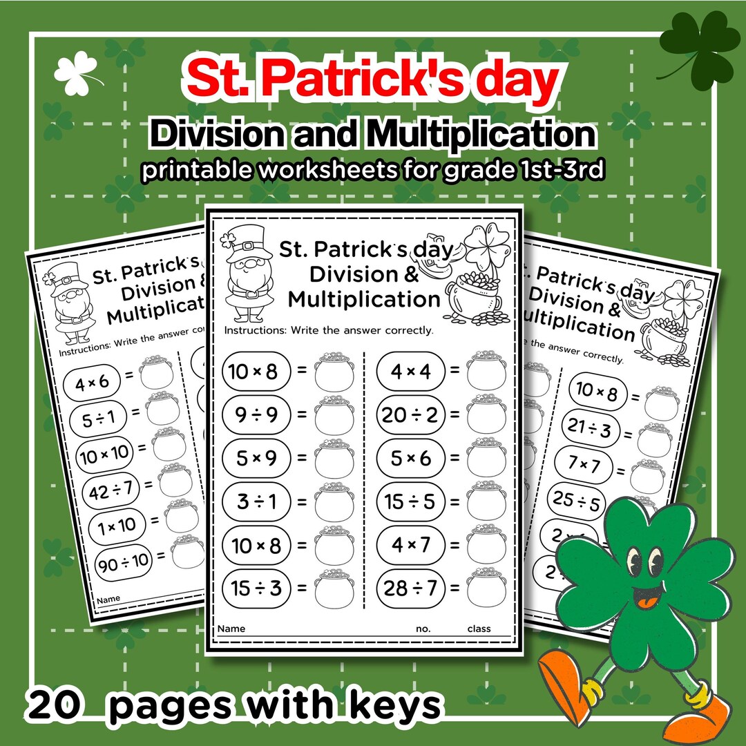 St. Patrick’s Day Division & Multiplication Worksheets for Grade 1st to ...