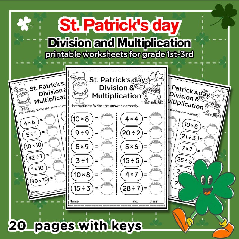 St. Patrick’s Day Division & Multiplication Worksheets for Grade 1st to ...