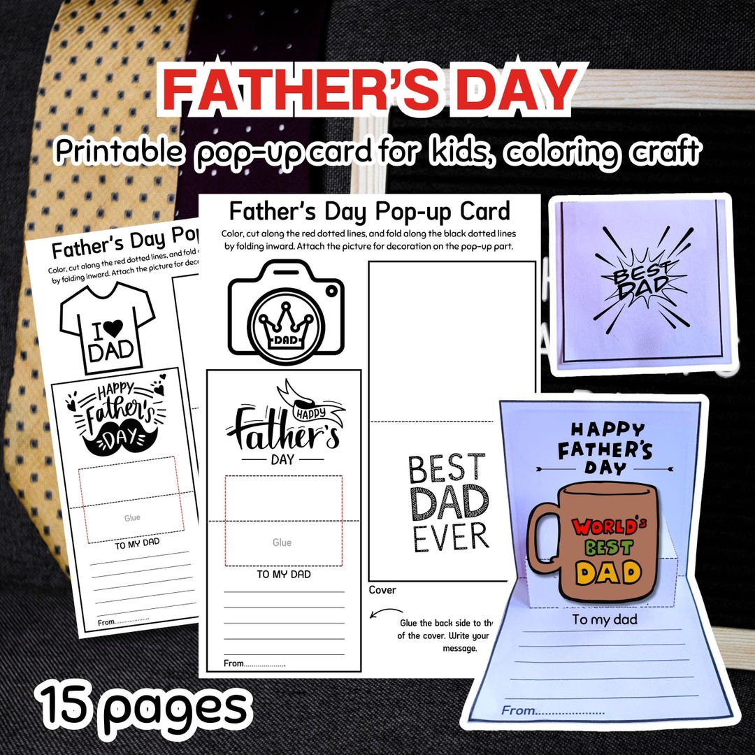 Father's Day Pop-up Card, Coloring Craft Template for Kids, Father's ...
