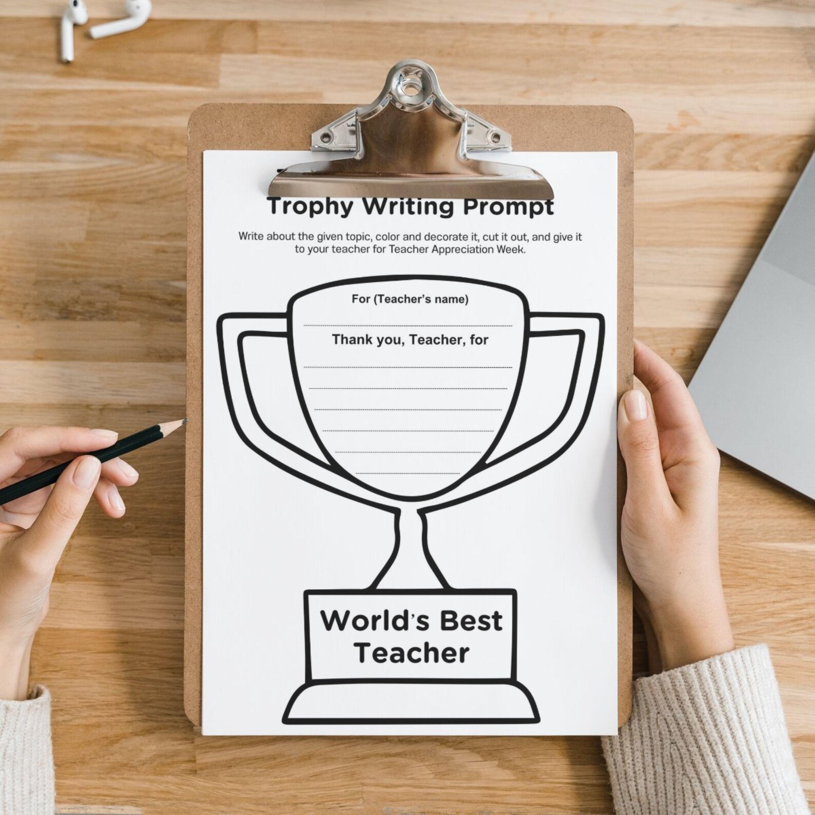Teacher Appreciation Trophy Creative Writing Worksheet for Kids, 2nd ...