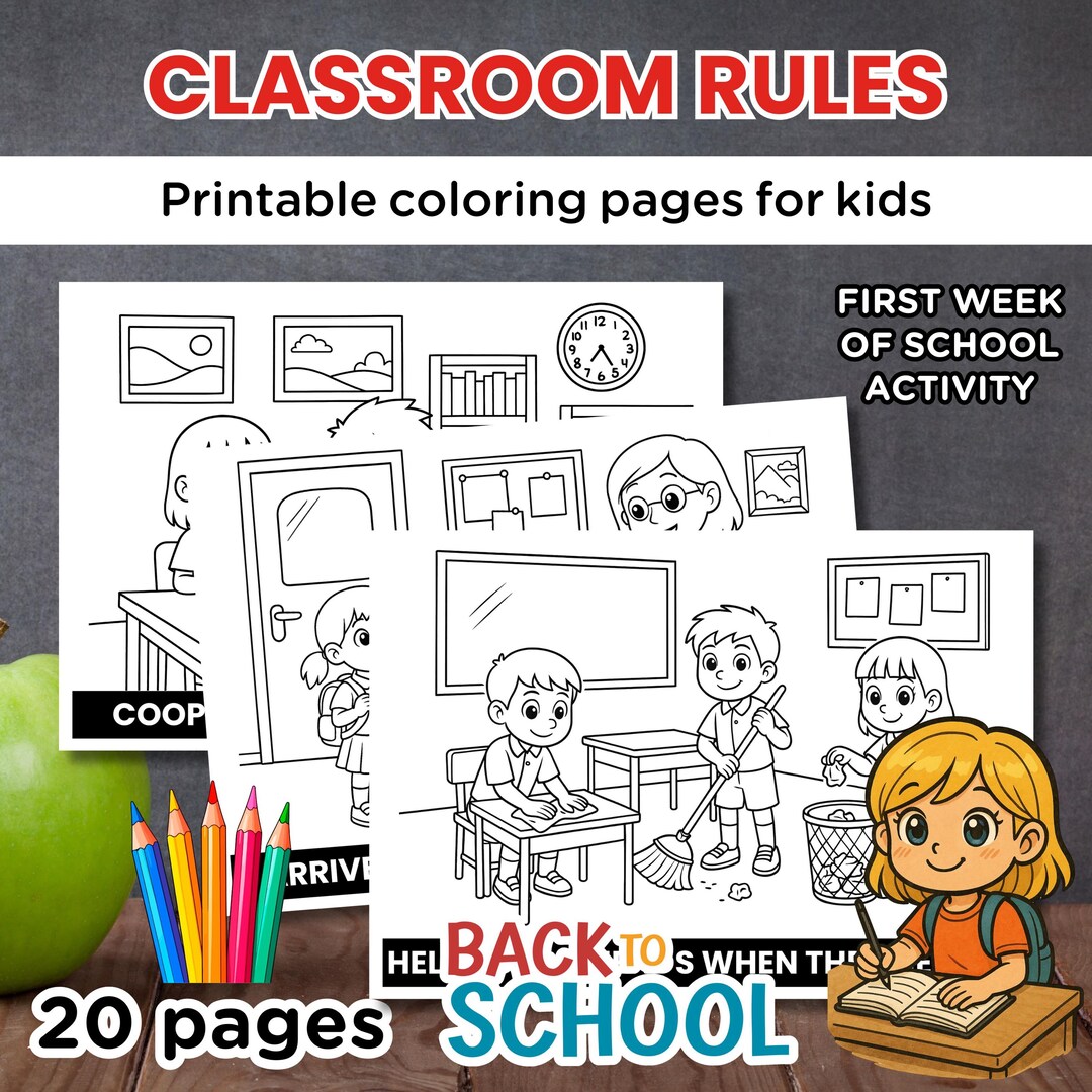 Classroom Rule Coloring Pages for Kids, Back to School Activity, First ...