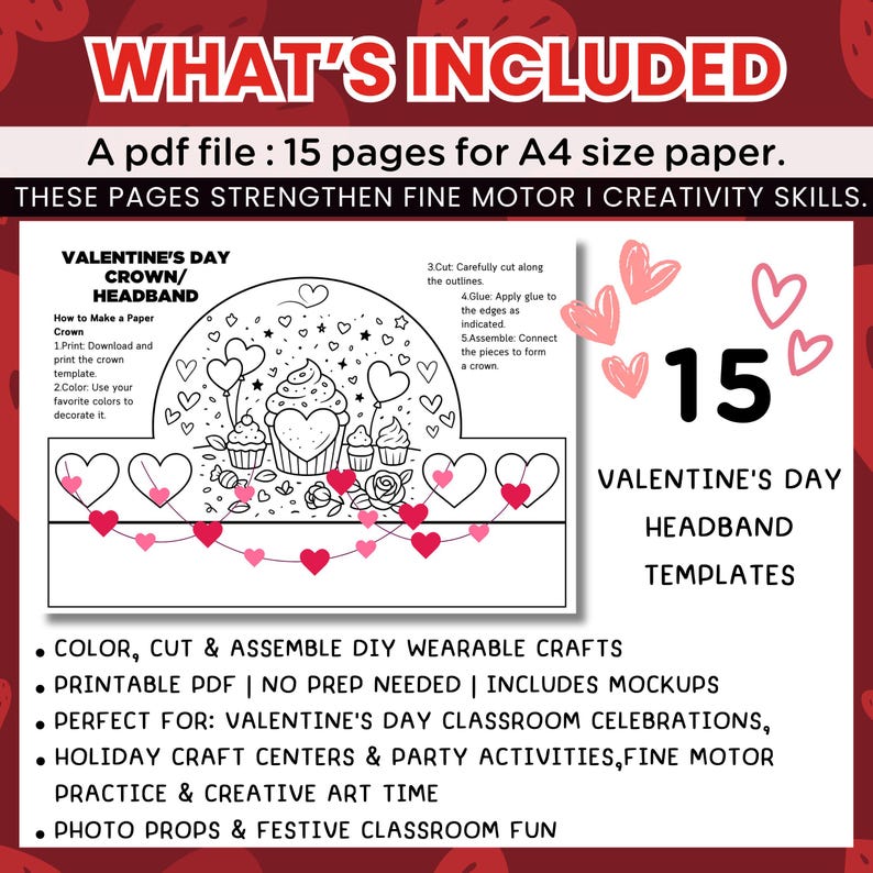 Valentine’s Day Headband & Crown Craft Templates, DIY Coloring Hats for ...